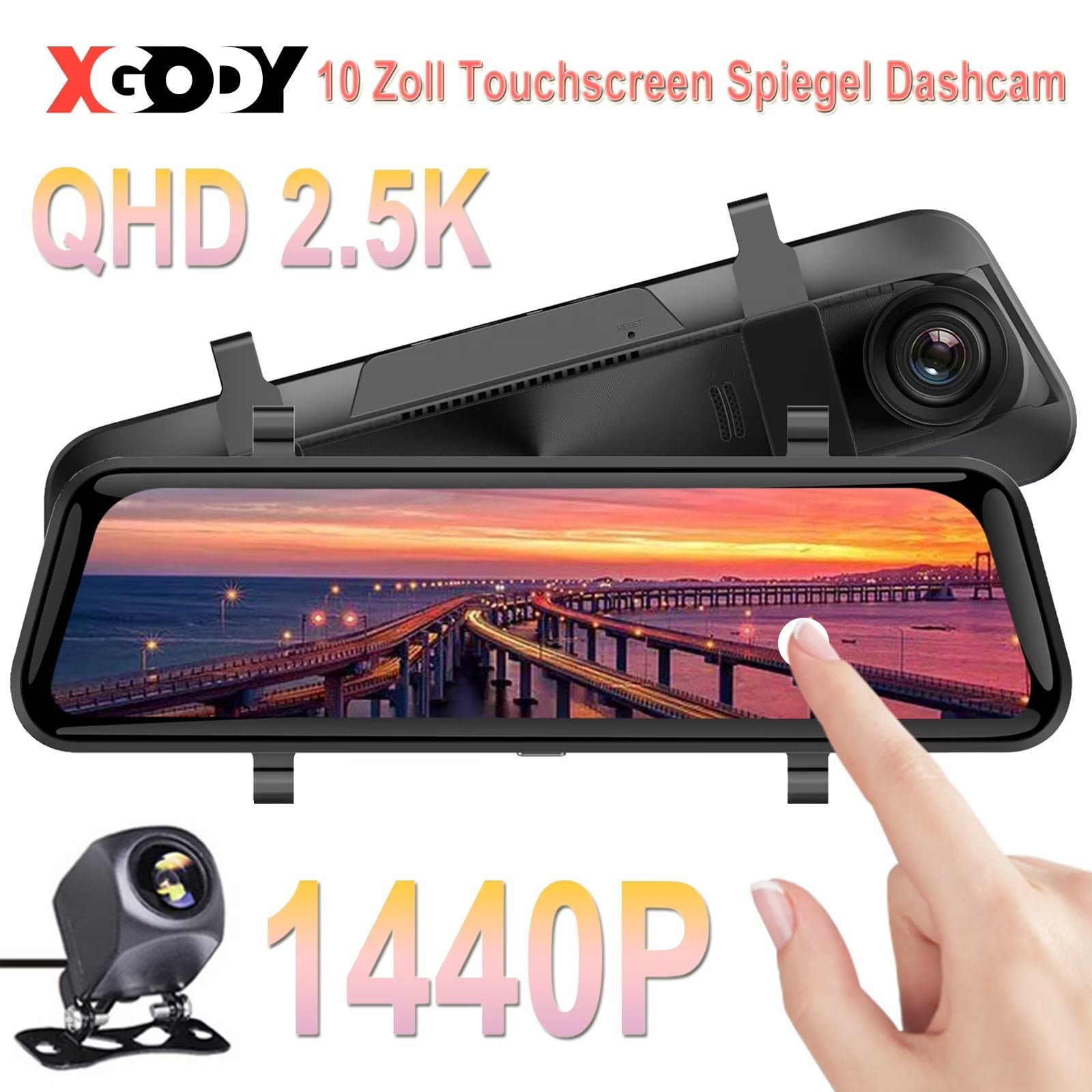 XGODY 2.5K Mirror Dash Cam, 10" Screen Car Dash Camera with Waterproof ...