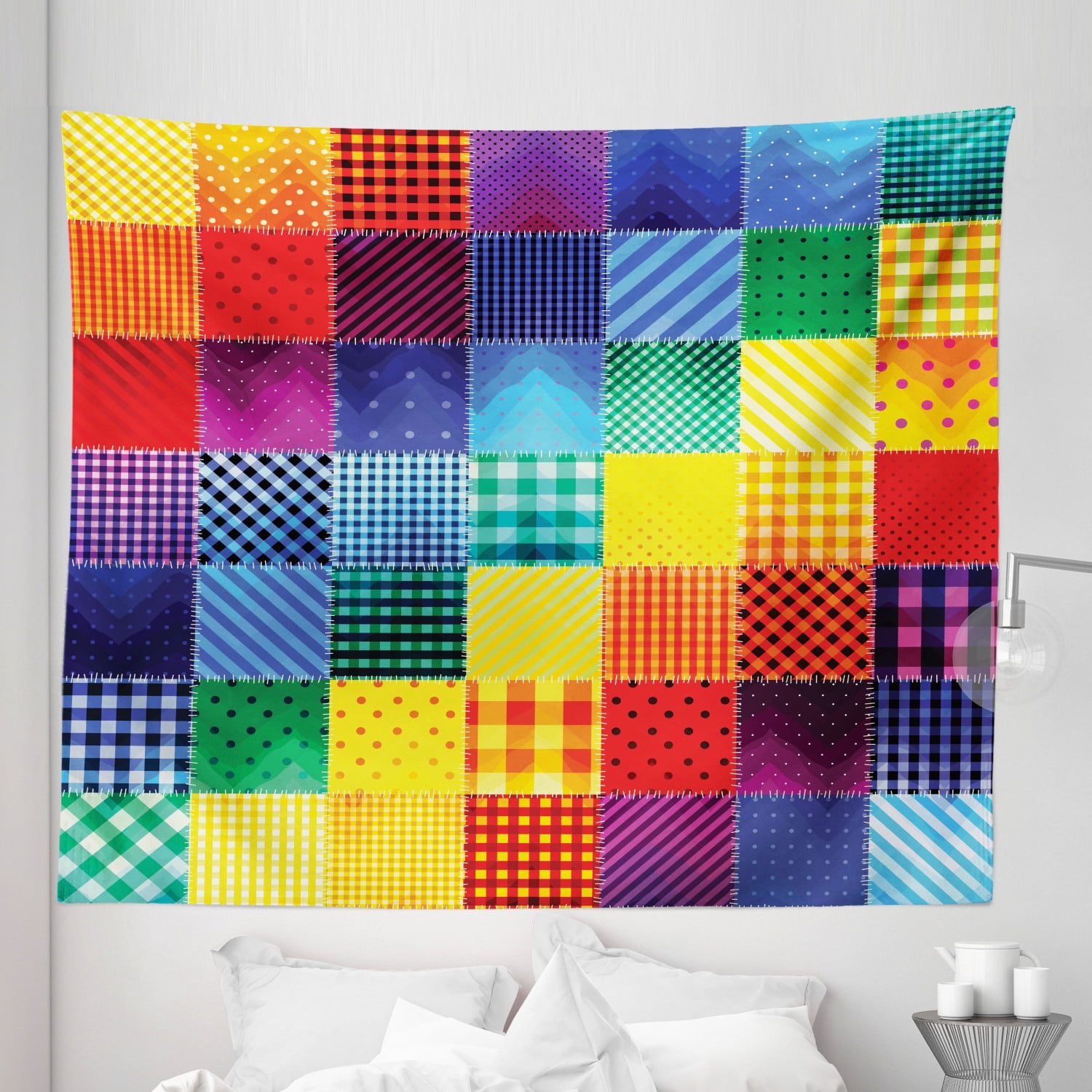 Retro Tapestry, Rainbow Colored Square Shaped Diverse Patterns Diagonal ...