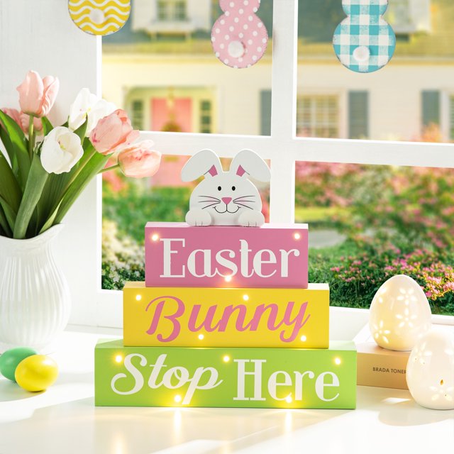 Glitzhome 12"L Easter LED Lighted Wooden Bunny Block Word Sign ...