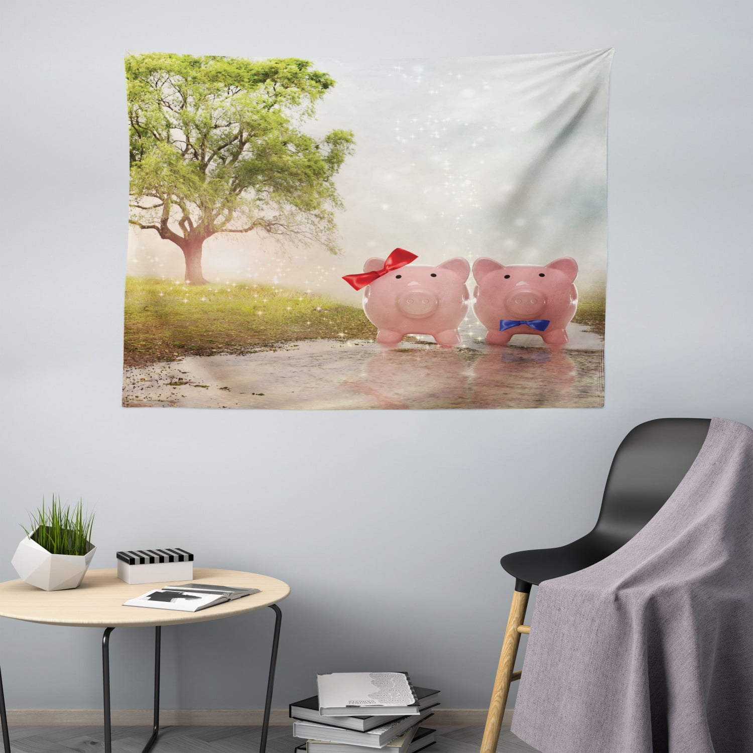 Love Tapestry, Pigs with Ribbon Accessories Botanical Trees Clear Sky ...
