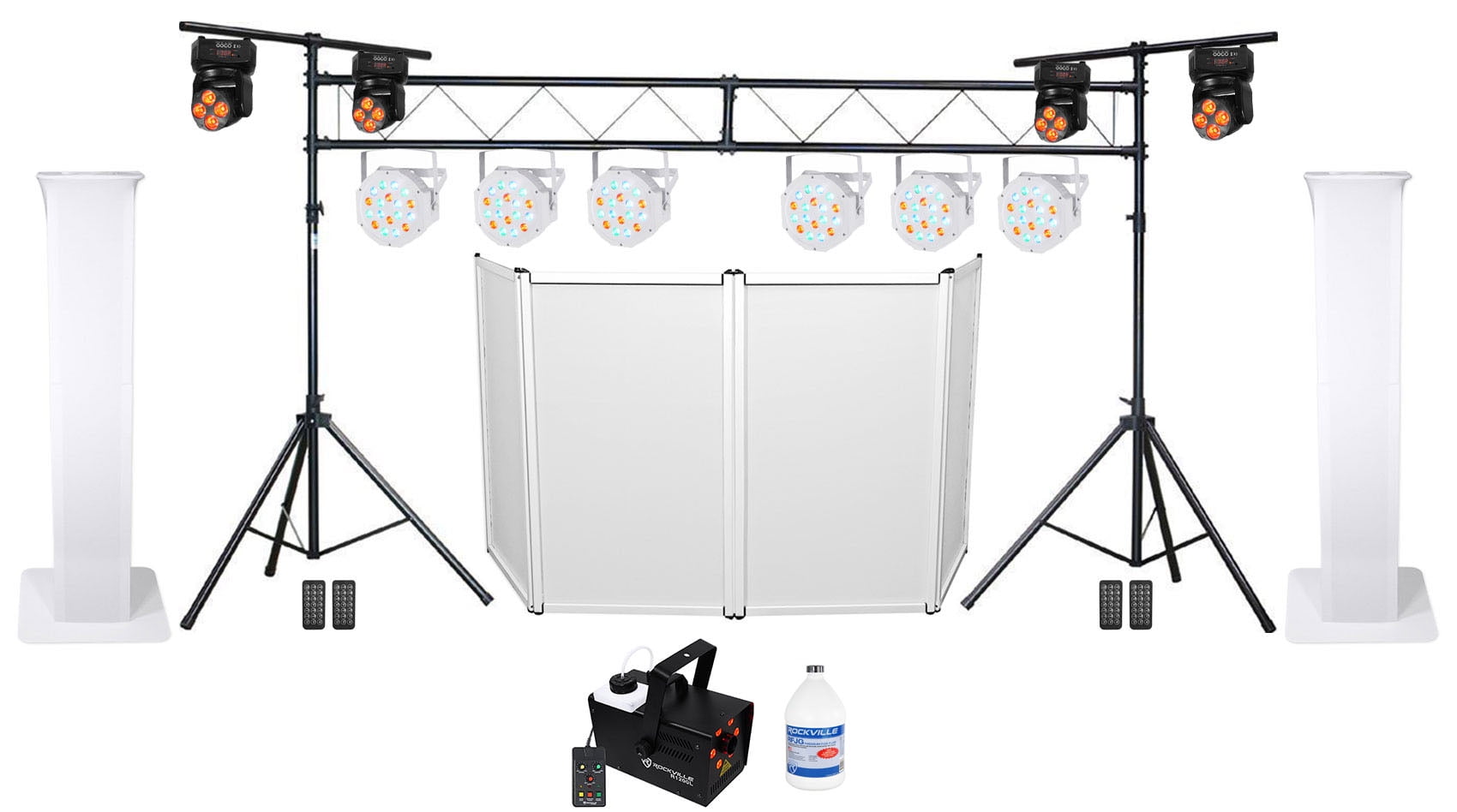 (2) DJ Totem Stands+Facade+(6) Pars+(4) Moving Heads+LED Fogger+Truss ...