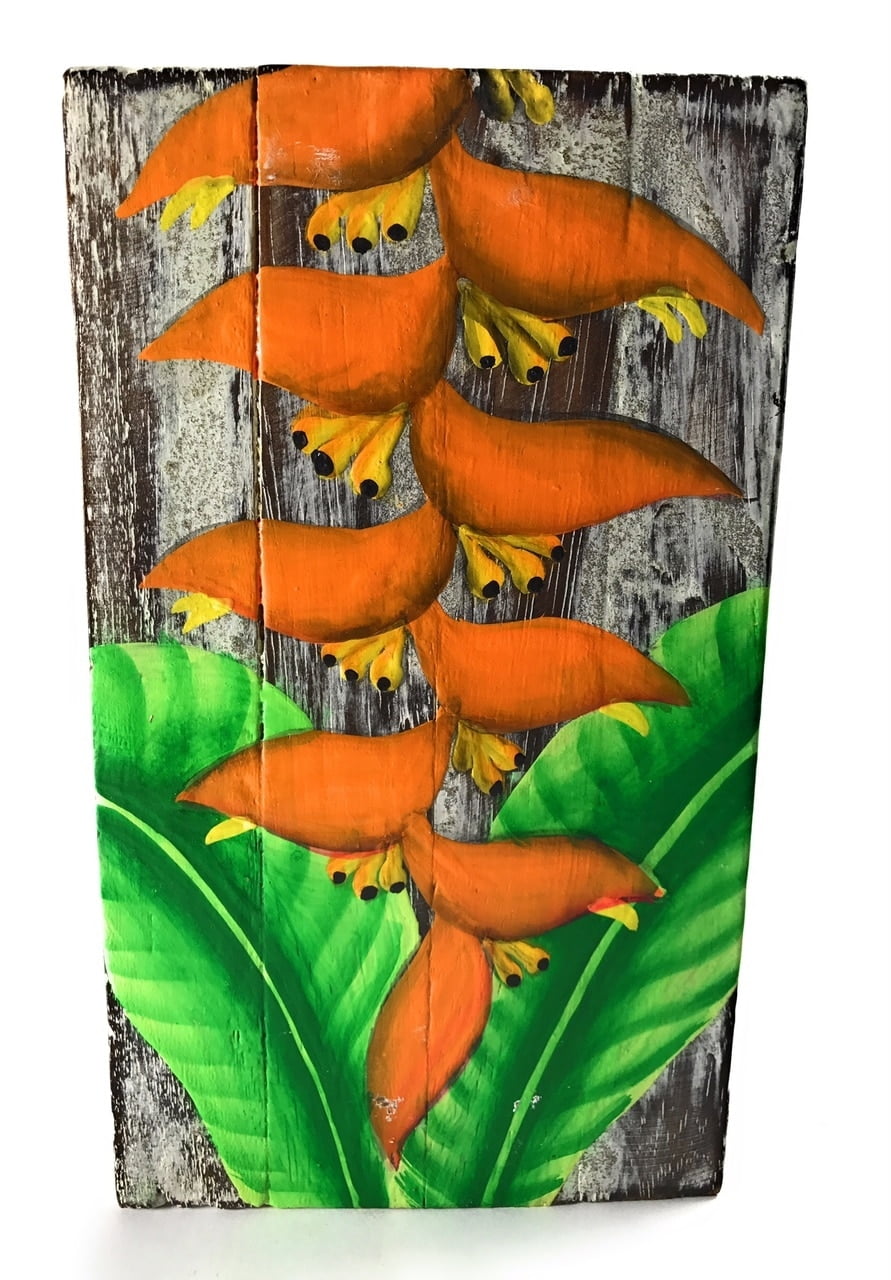 Heliconia Flower Painting on Wood Planks 8" X 4.5" Rustic Wall Decor ...
