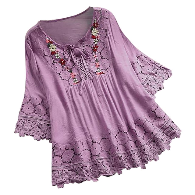 Lixiuxyad Women Vintage Lace Patchwork Bow V-Neck Three Quarter Blouses ...