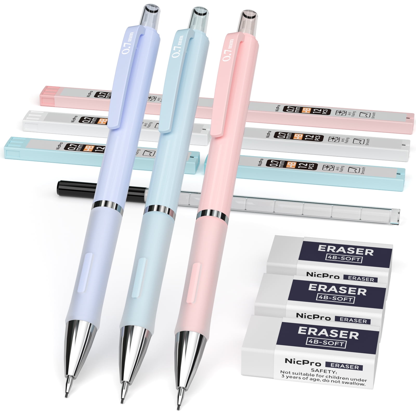 Nicpro 3 PCS Pastel Mechanical Pencil 0.7 mm for School, with 6 tubes ...