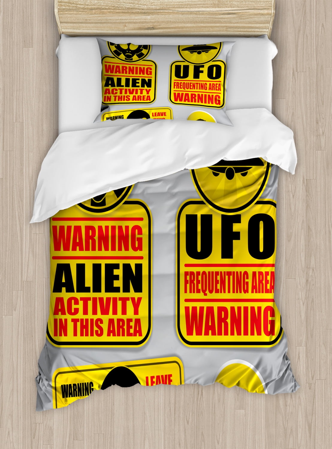 Outer Space Decor Twin Size Duvet Cover Set, Warning Alien Ufo Sign ...