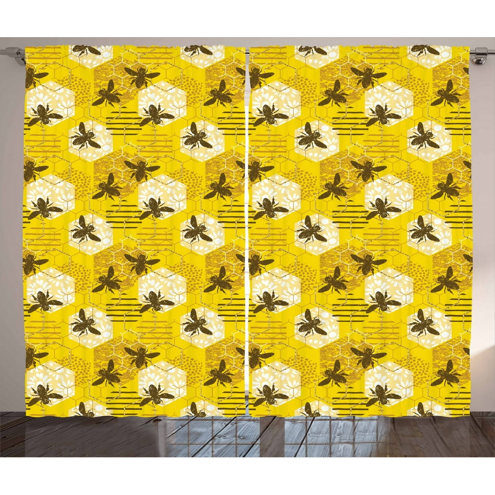 Bee Curtains 2 Panels Set, Patchwork Background of Floral Elements ...