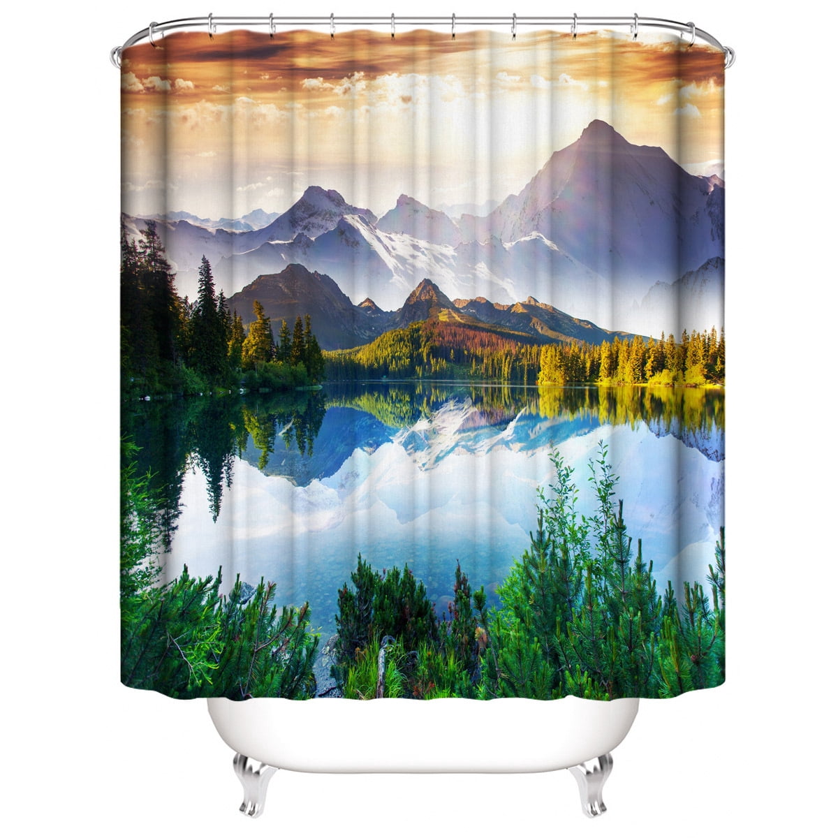 Mountain Lake View Sunny Day Shower Curtain, Watercolor Bathroom Decor ...