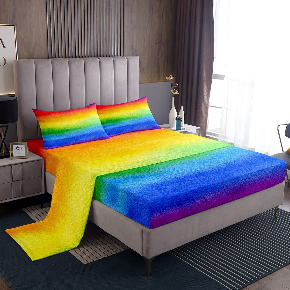 Rainbow Printed Sheet Set Abstract Watercolor Fitted Sheet Pastel ...