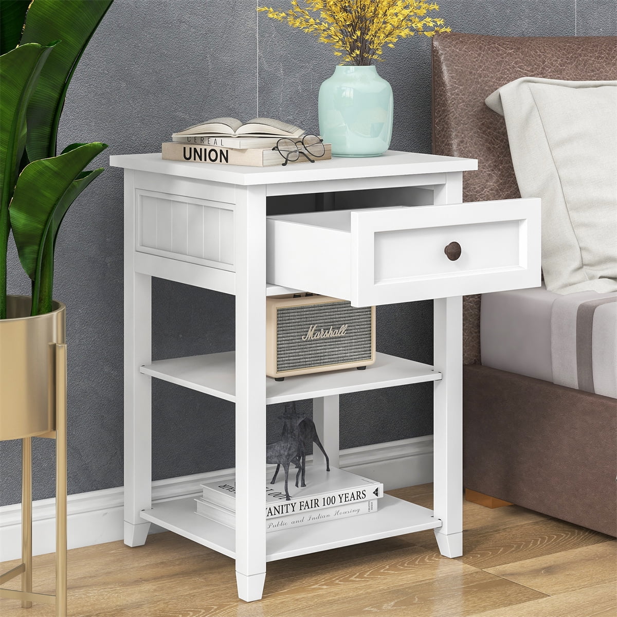 3-Tier End Table with Drawer and Two Tier Shelves,Wooden Nightstand ...