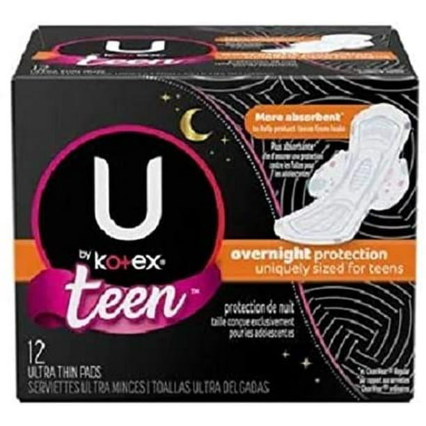 U by Kotex Ultra Thin Teen Feminine Pads with Wings, Overnight ...