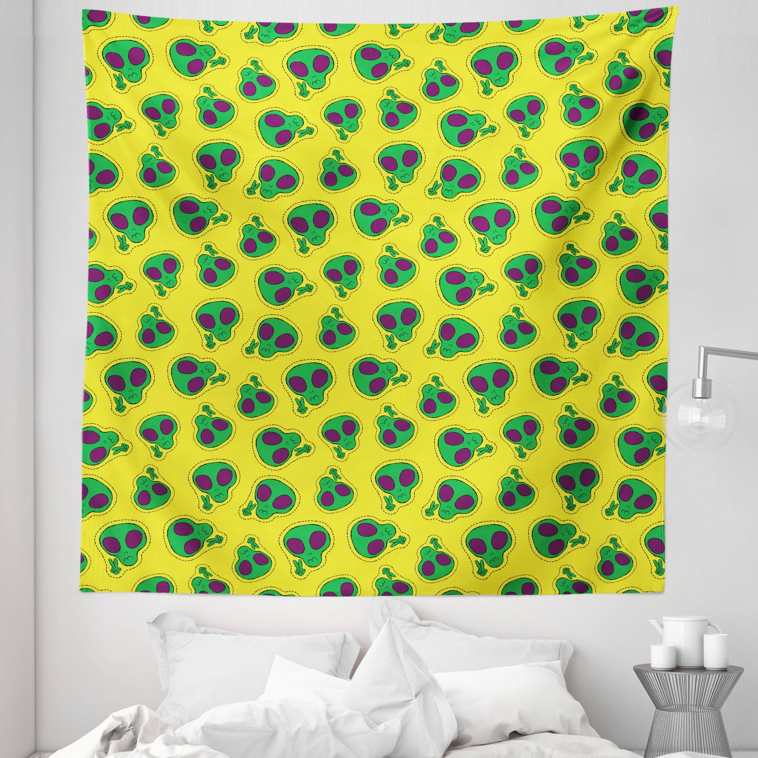 Alien Trippy Tapestry, Retro 90s Style Funny Pattern of Space UFO ...