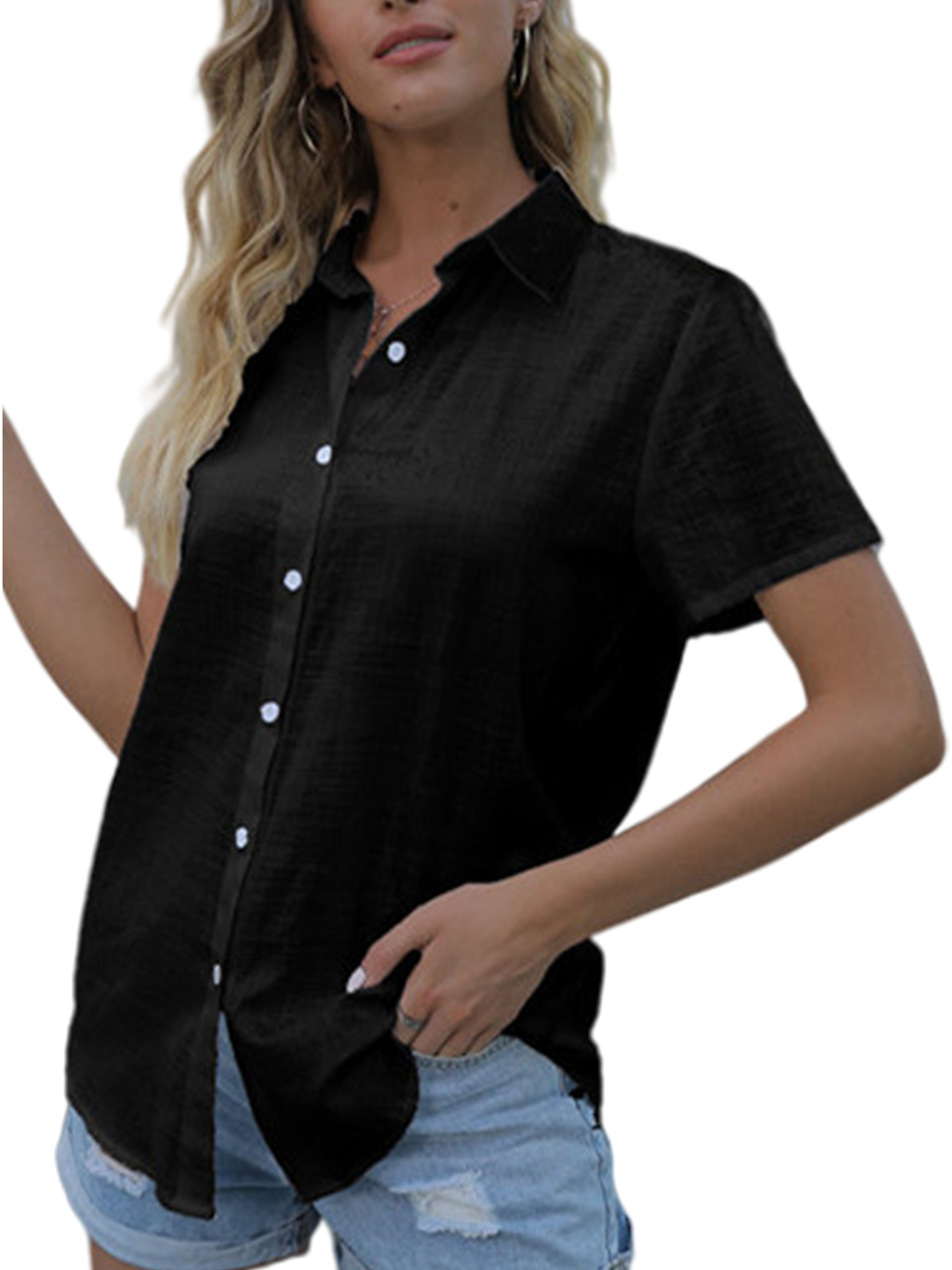 Solid Color Blouse for Women Short Sleeve V-neck Tunic Shirt Elegant ...
