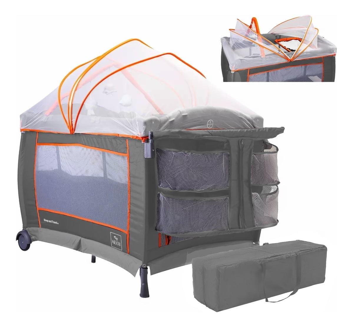 Cuna Corral Viajero Aeiou Bc003 Con Organizador Gris Naranja AEIOU ...