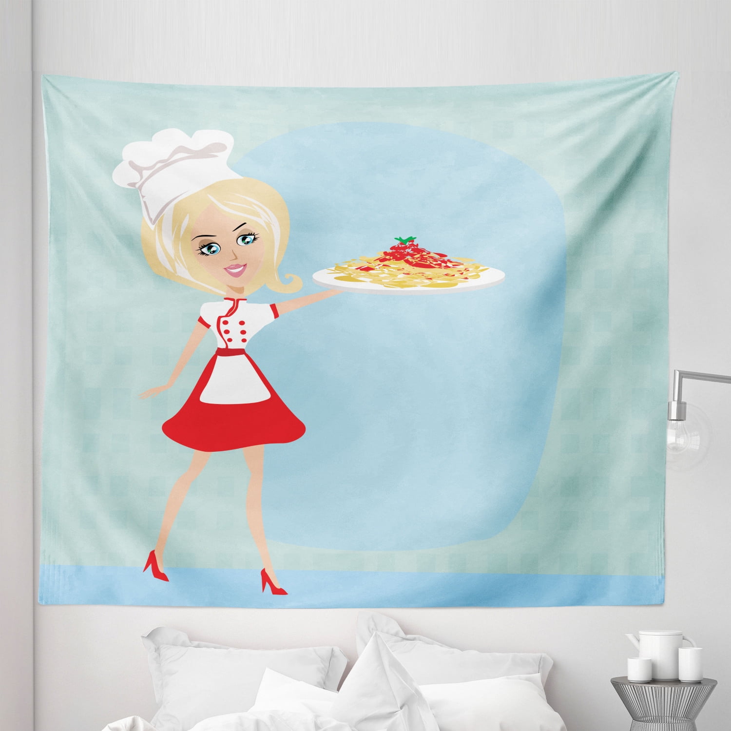 Italian Tapestry, Woman Blonde Chef Serving Spaghetti Pasta Cooking ...