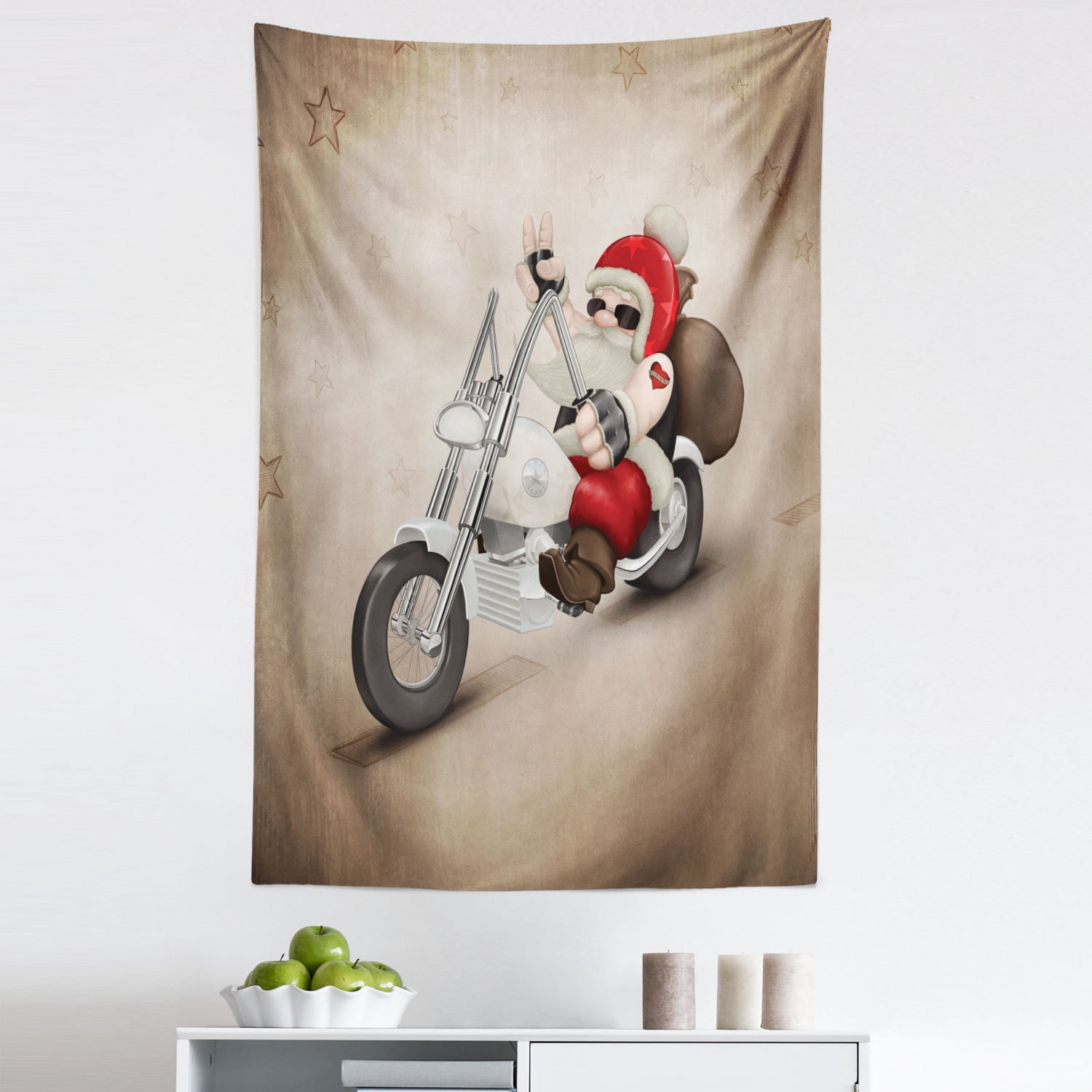 Christmas Tapestry, Rock Grunge Santa with Heart Tattoo on Motorbike ...