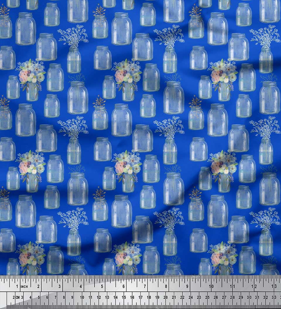 Soimoi Blue Modal Satin Fabric Bottle Vase & Anemone Floral Print ...