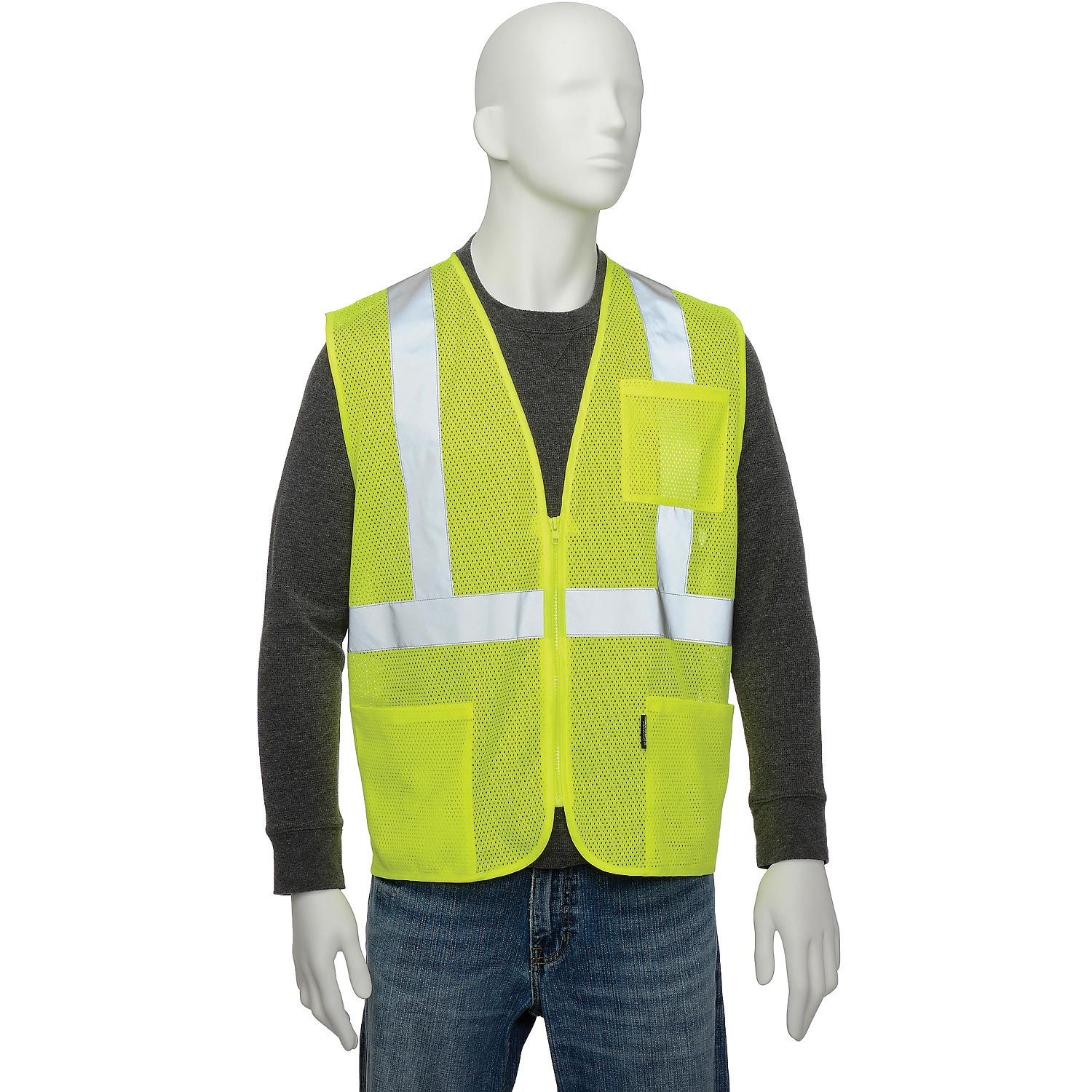 Class 2 Hi-Vis Safety Vest, 2" Silver Strips, Polyester Mesh, Lime ...
