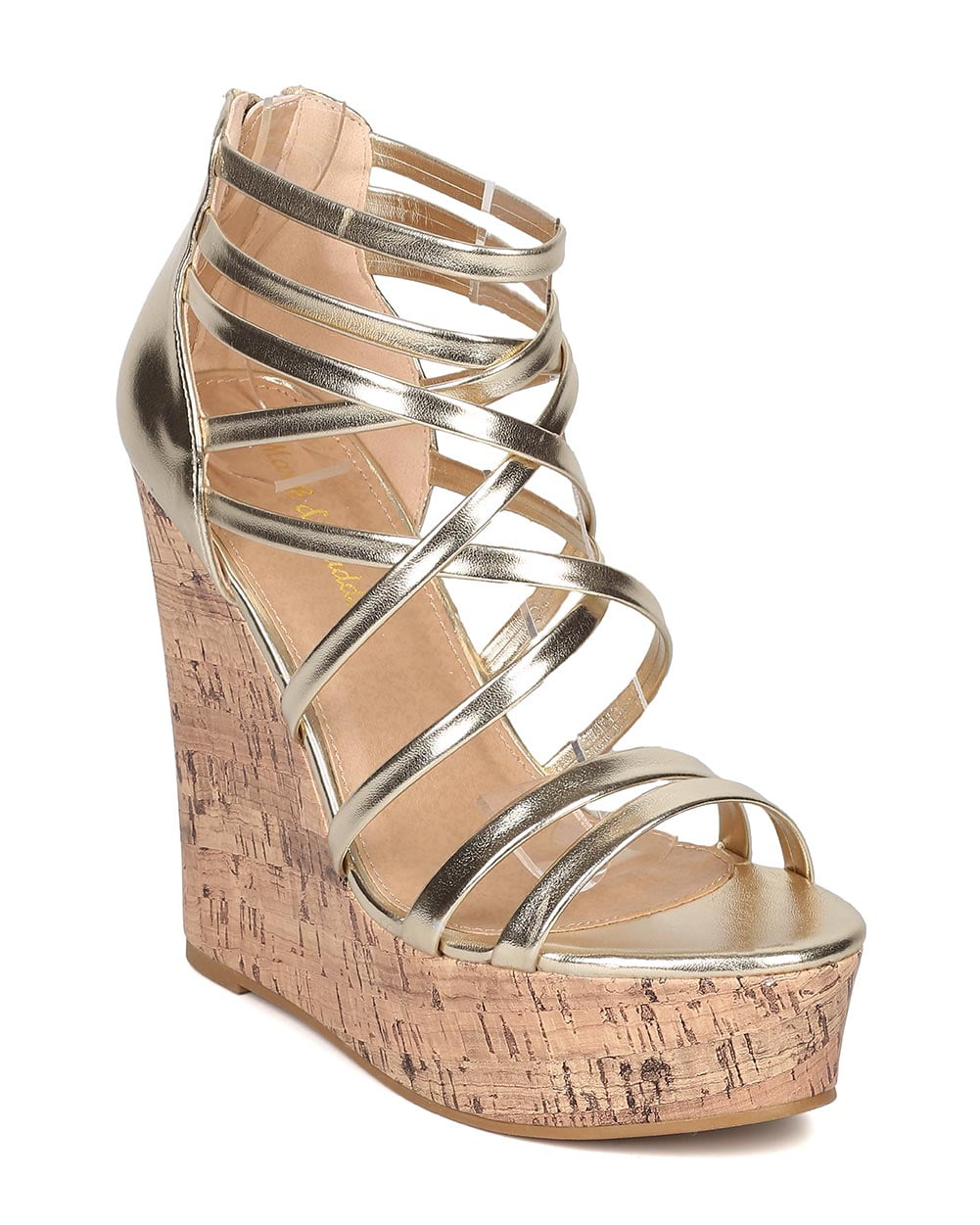 Strappy Platform Wedge Sandal - Faux Cork Wedge Heel - Caged Platform ...