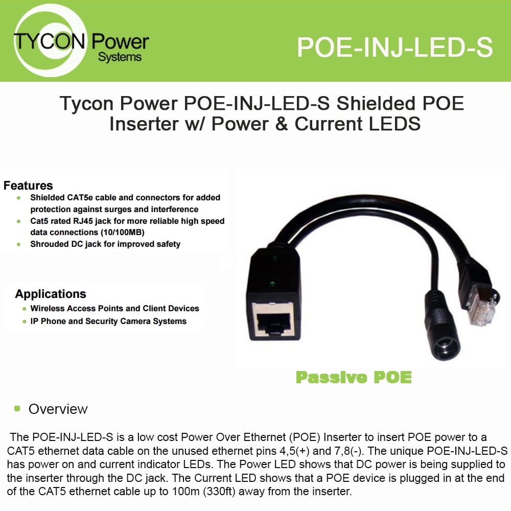 Tycon Power POE-INJ-LED-S POE Inserter Power POE power CAT5 ethernet ...