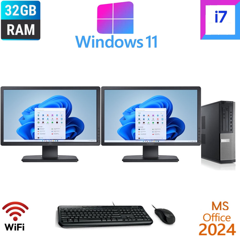 Restored Windows 11 Dell i7 3.4 ghz 32GB RAM 1TB SSD DUAL 22" LCD WiFi ...