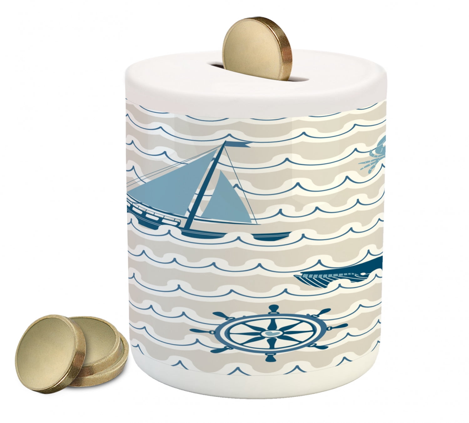 Nautical Piggy Bank, Wave Pattern Marine Elements Octopus Crab Starfish ...