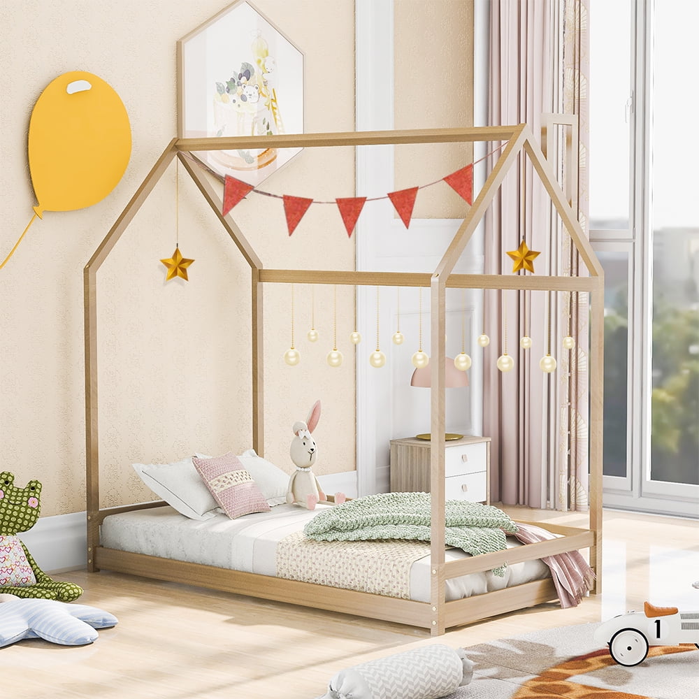 Sesslife Twin House Bed with Roof, Kids Floor House Bed Frame, Box ...