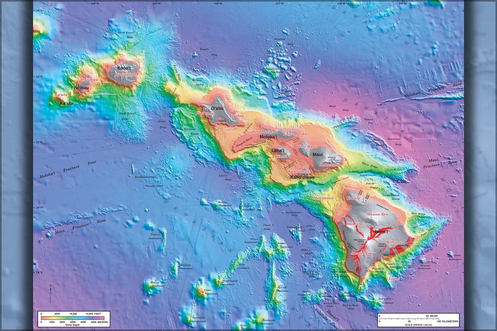 24"x36" Gallery Poster, Bathymetric map of the Hawaiian Islands ...