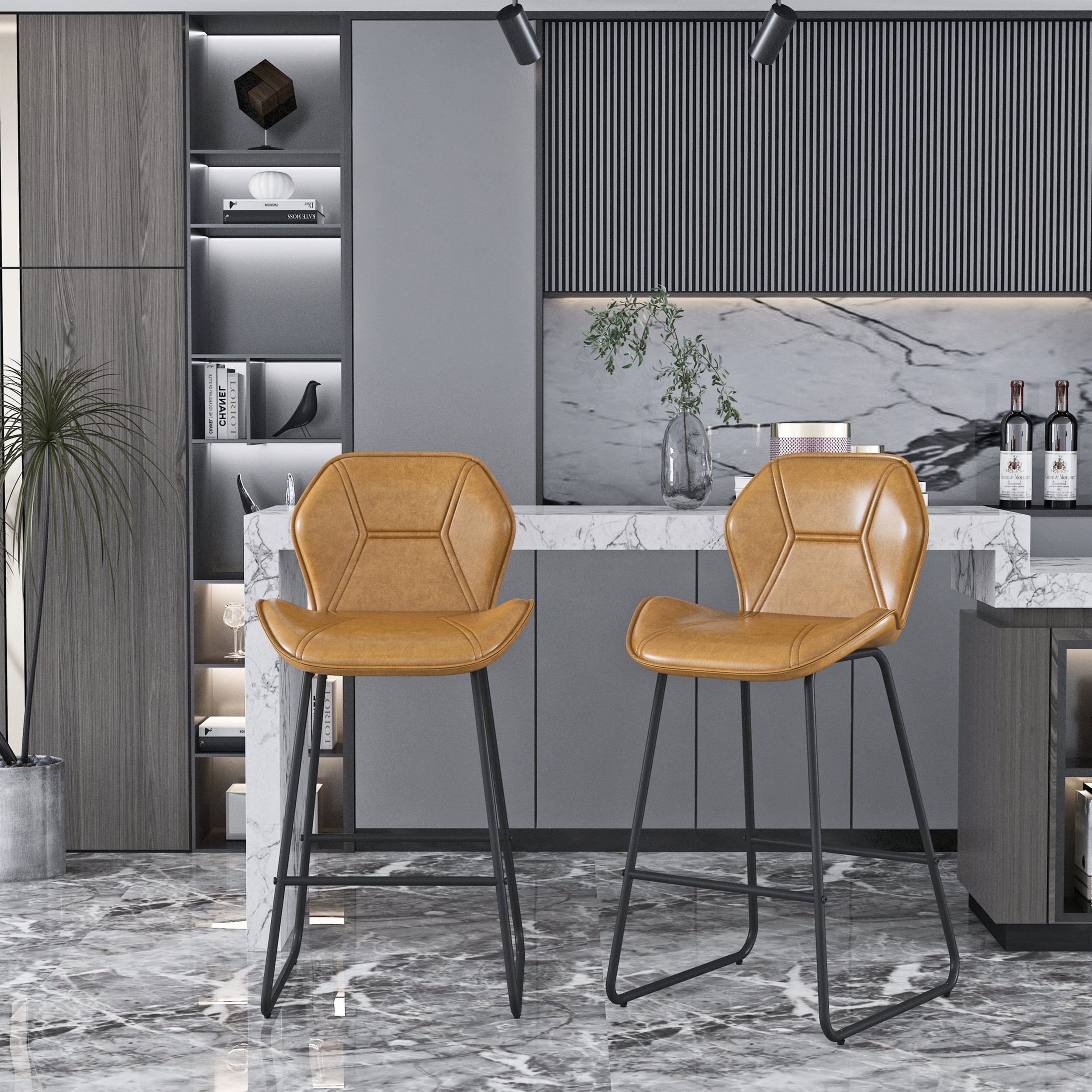 Set of 2, Leather Bar Chair with High-Density Sponge, PU Chair Counter ...