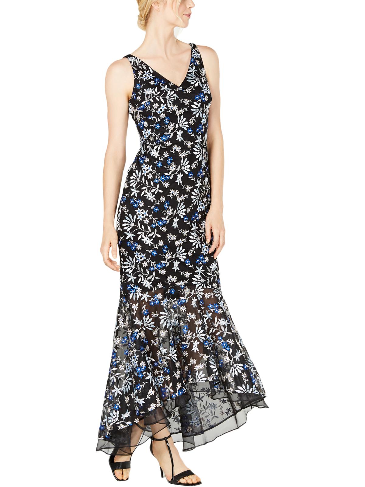CALVIN KLEIN Womens Black Embroidered Floral Sleeveless V Neck Maxi ...
