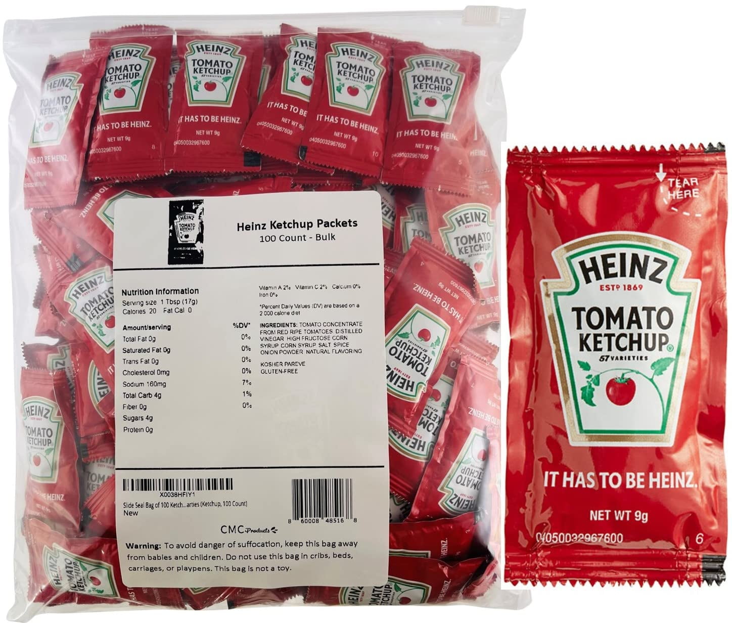 Slide Seal Bag of 100 Heinz 9g Ketchup Condiment Packs Condiment Packs ...