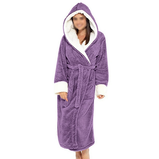 Cindysus Ladies Sherpa Robes Solid Color Sleepwear Hooded Fuzzy Plush ...