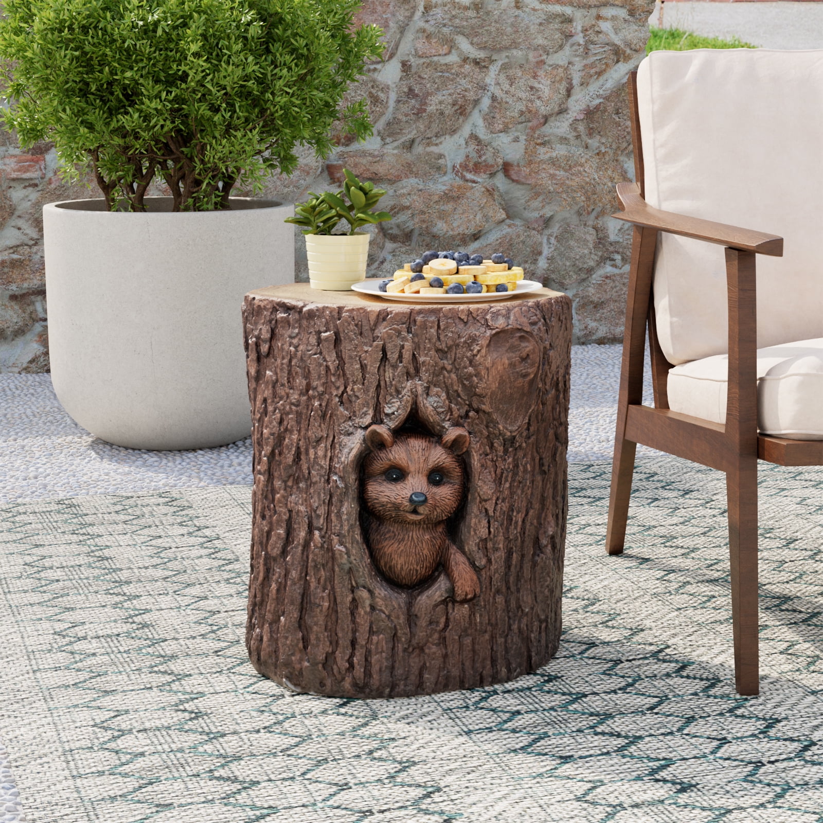 COSIEST Outdoor Side Table Faux Wood, Hand-Painted Wood Stump Stool w ...