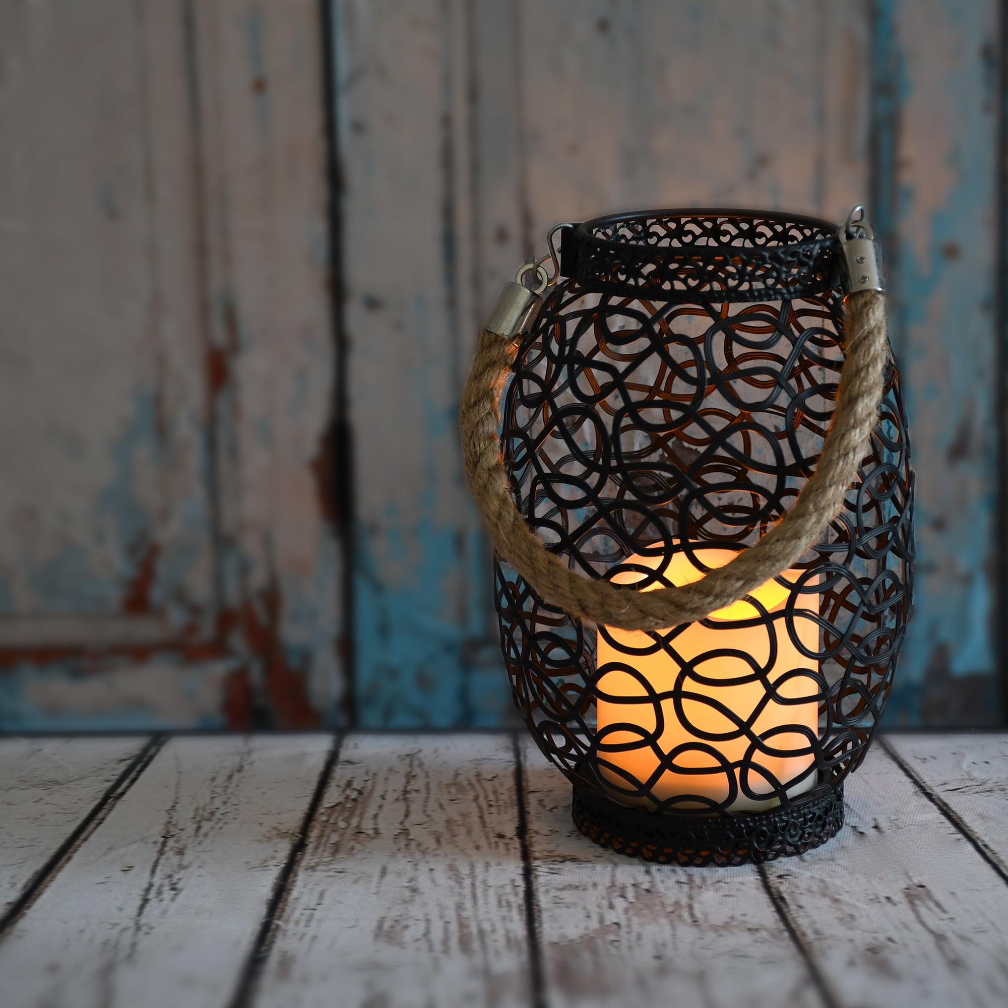 Metal Wire Lantern with LED Candle, Black Swirl - Walmart.com