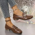 Brown Leather Shoes For Women Slip On Loafers With Block Heel Round Toe ...
