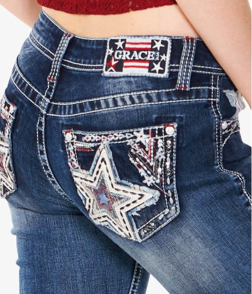 Grace in LA Women's Western Americana Star Embroidered Capri Cropped ...