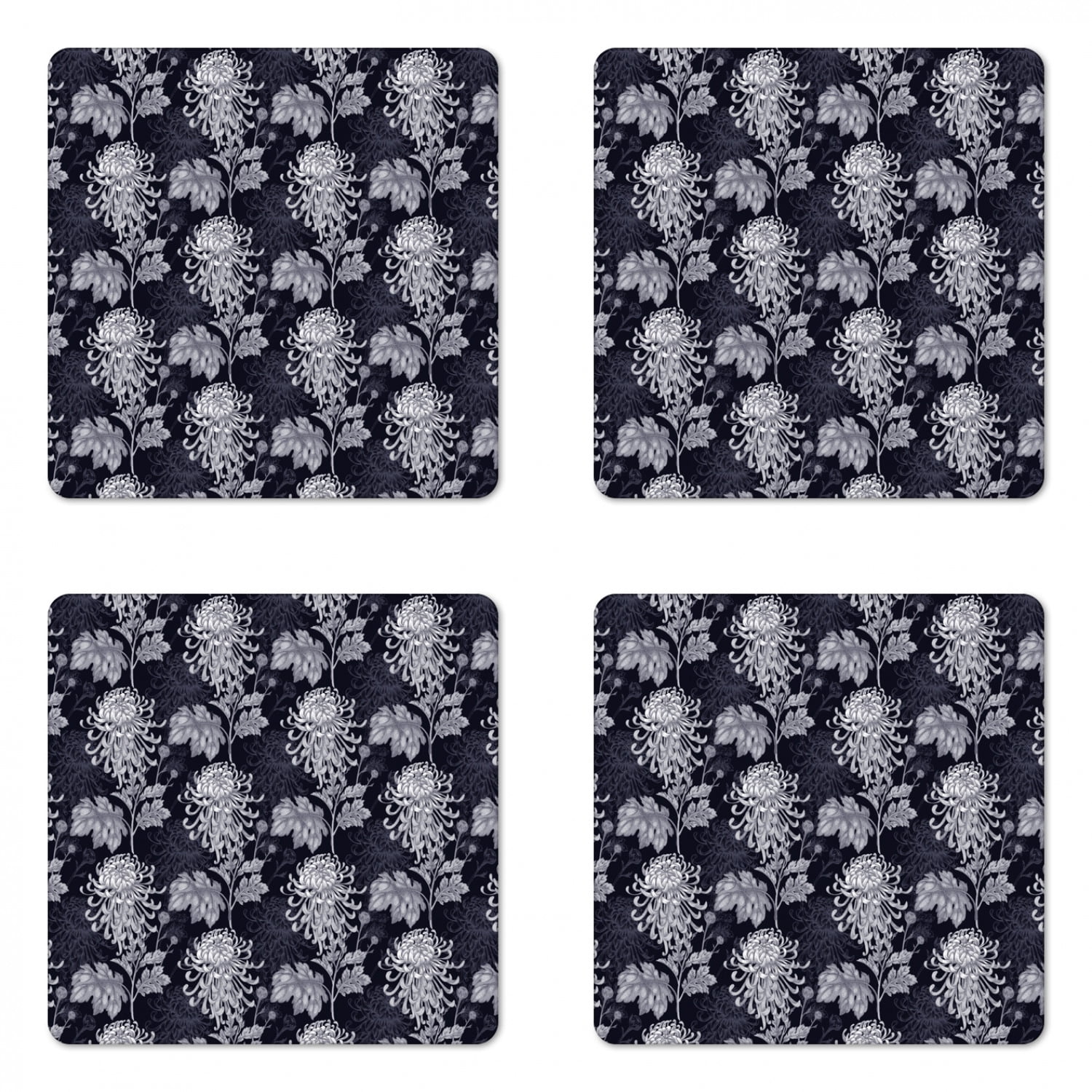 Floral Coaster Set of 4, Gothic Flower Bouquet Chrysanthemum Blooming ...