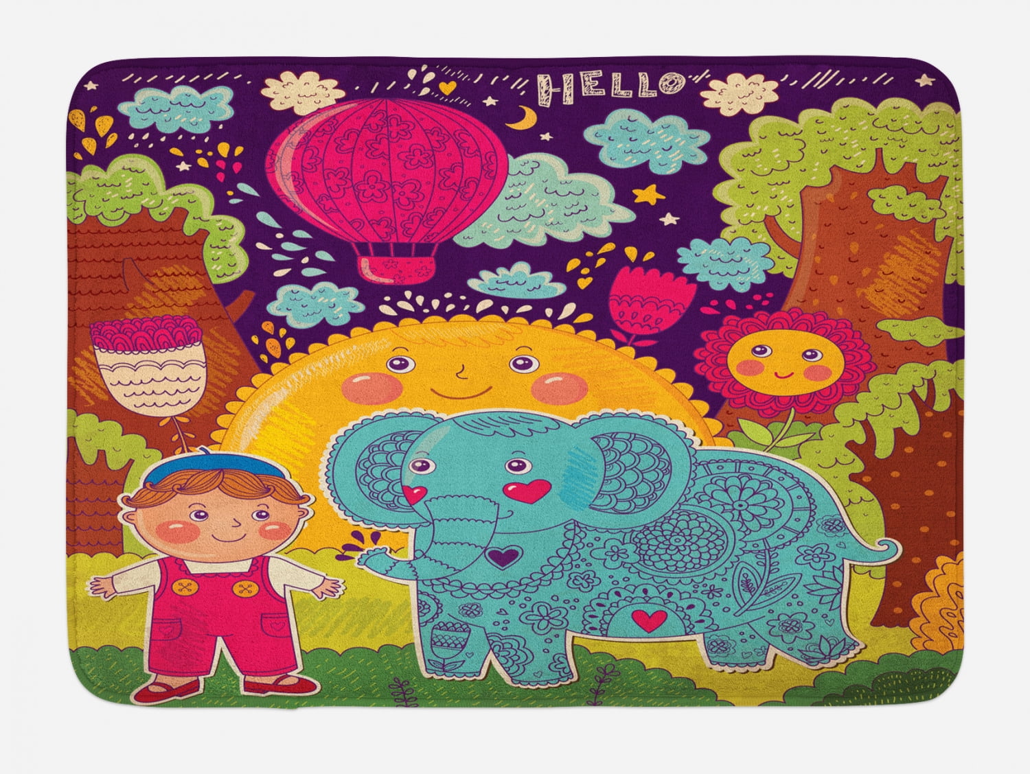 Elephant Bath Mat, Cartoon Boy in the Forest with Smiling Sun and ...