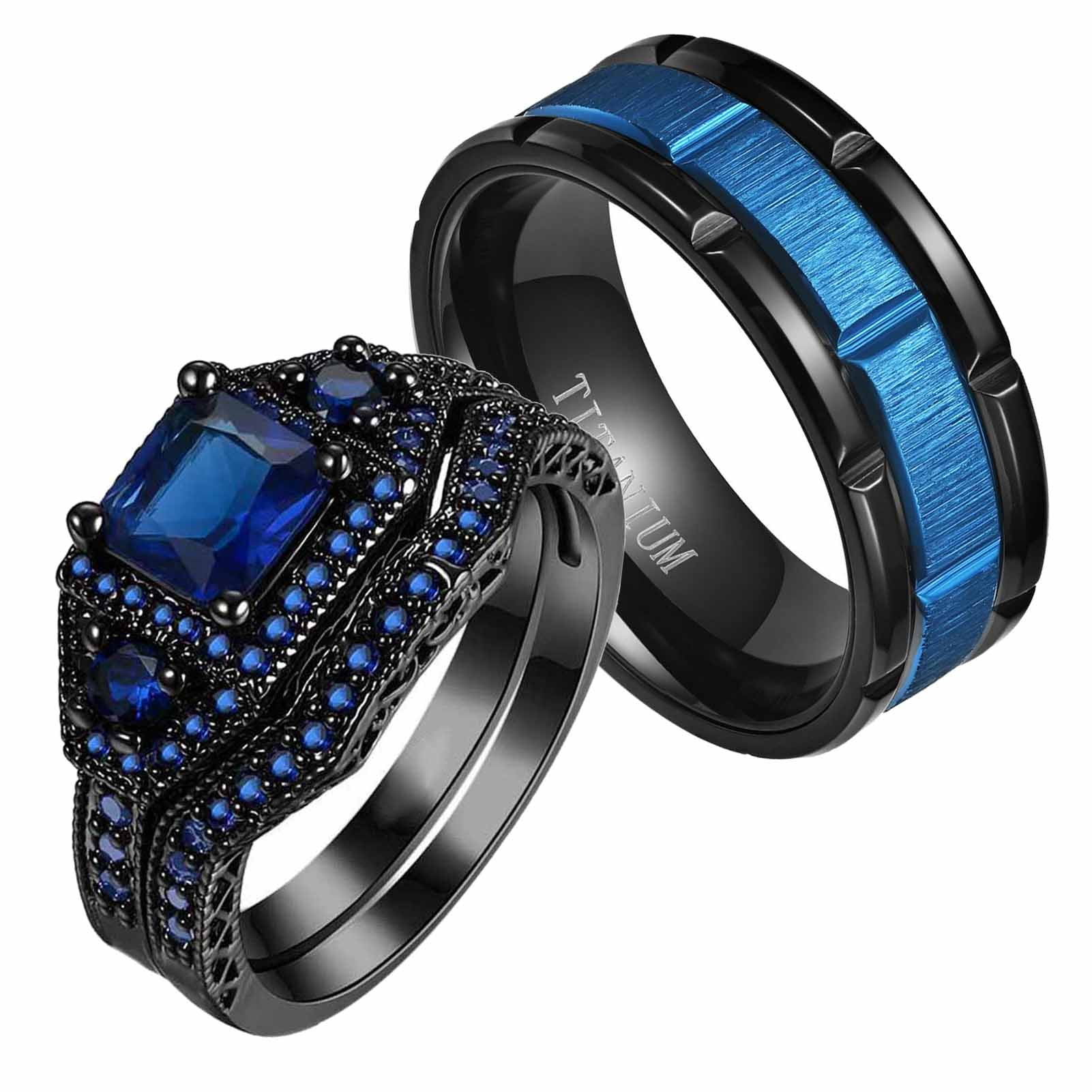 Matching Ring Couple Rings Black Plated 1CT Blue CZ Wedding Ring Sets ...