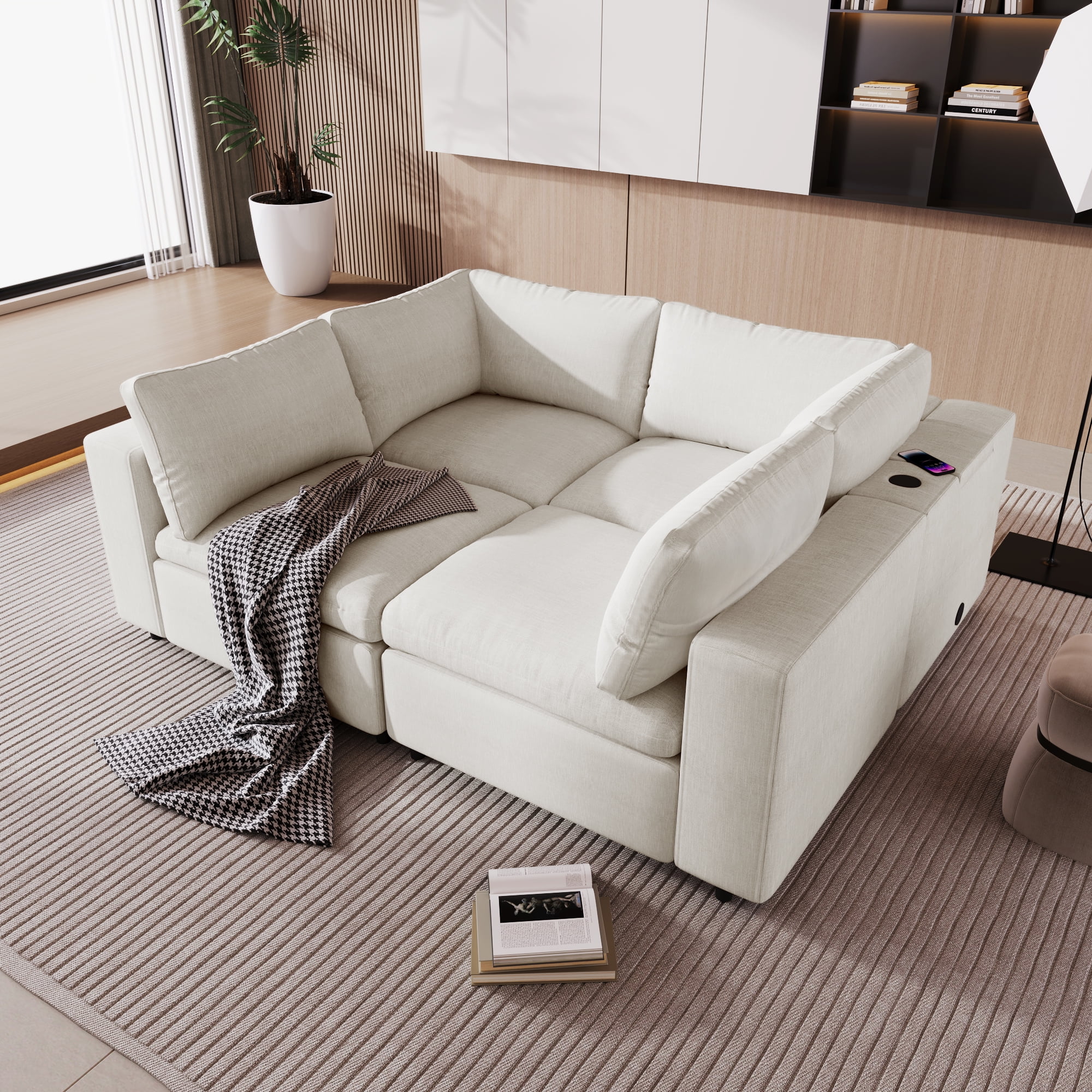 Upholstered Modular Sofa with USB Charge Ports, Cosymart Wireless ...