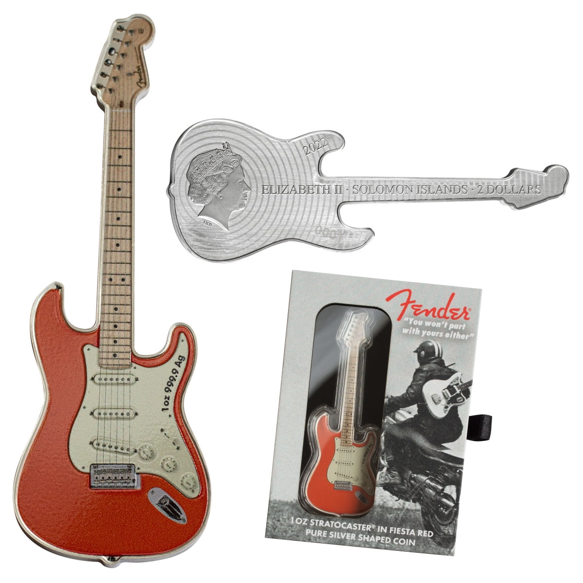 2022 Silver Fender Stratocaster Guitar Shaped 1 oz Coin - FIESTA RED ...