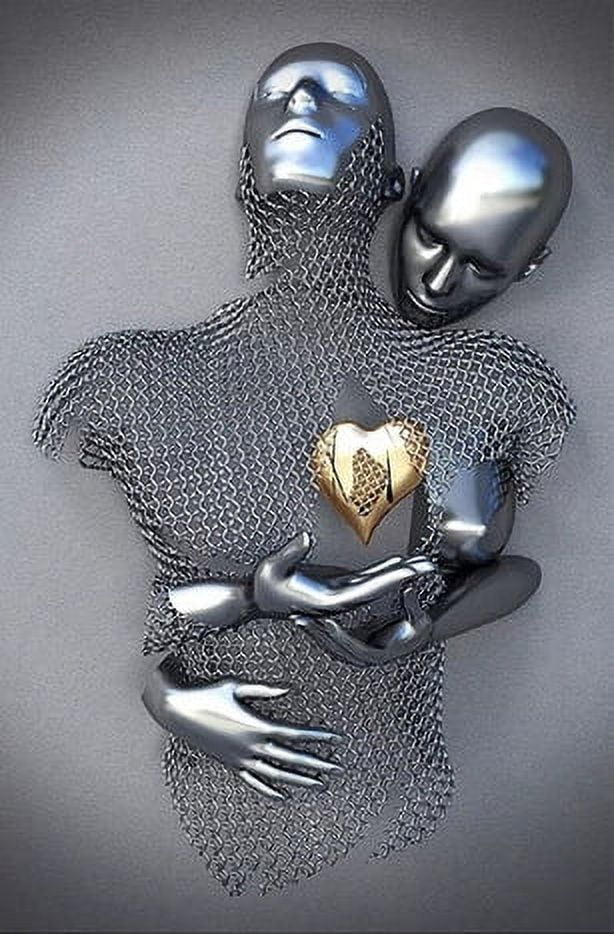Creative metal figure sculpture abstract canvas painting couple hug ...