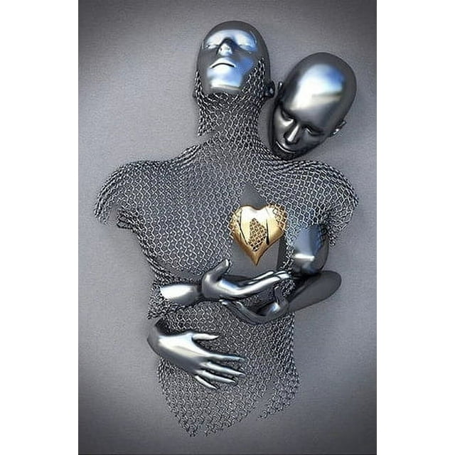 Creative metal figure sculpture abstract canvas painting couple hug ...