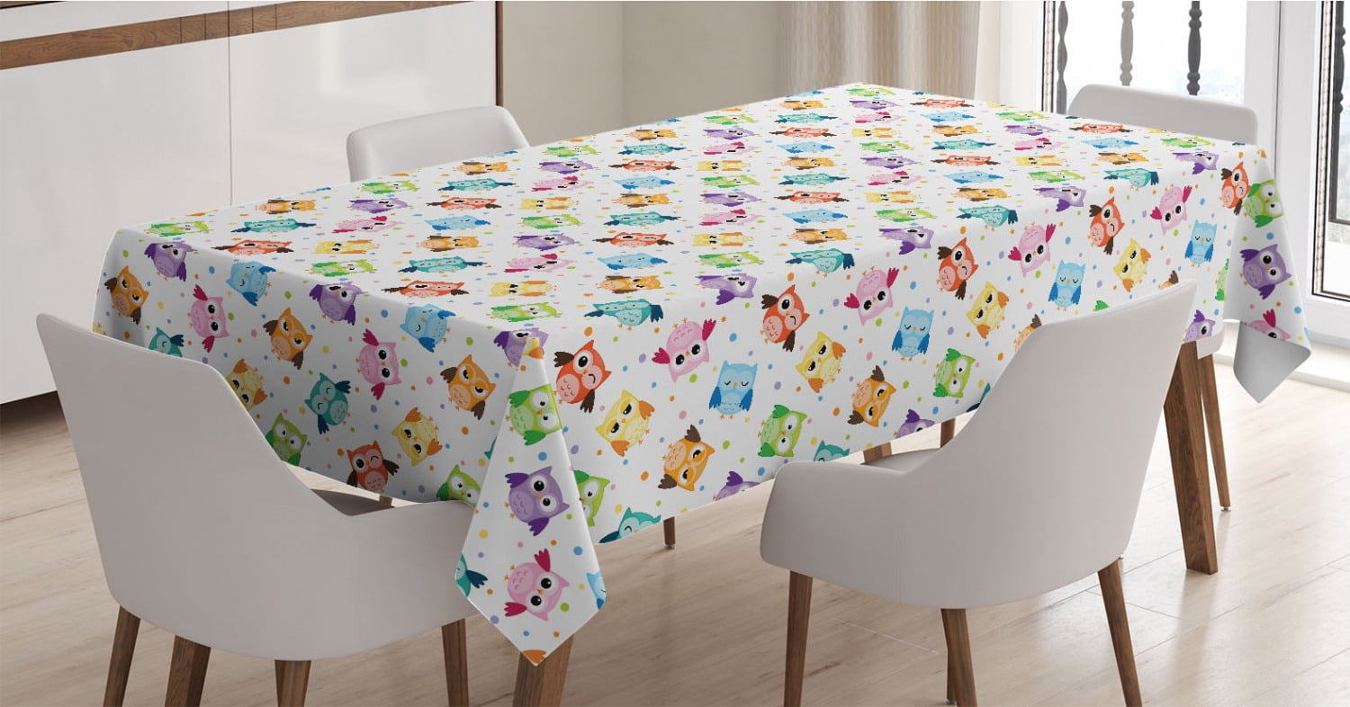 Owls Tablecloth, Confused Funny Angry Sleeping Colorful Characters Dots ...