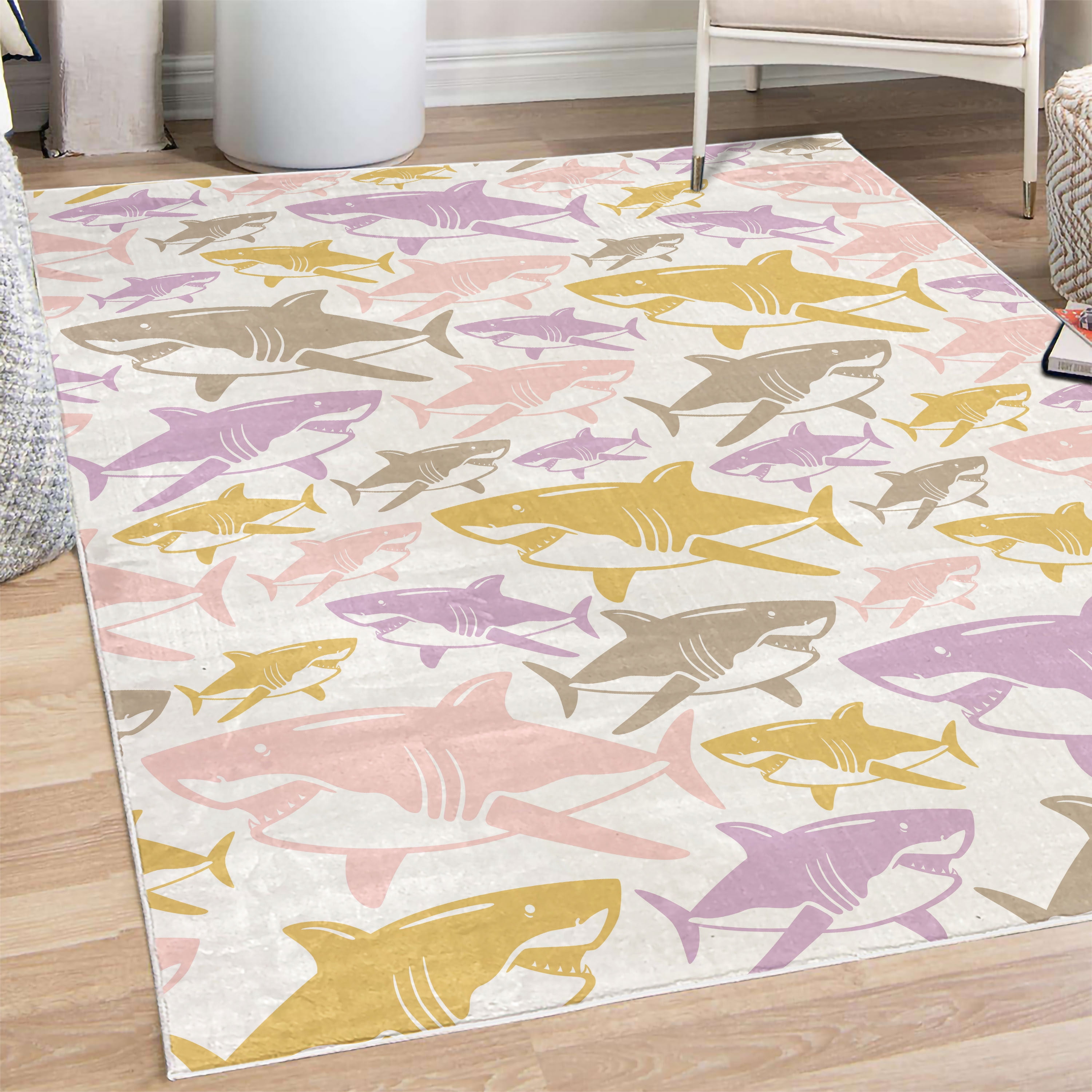 Shark Decorative Rug, Colorful Underwater Fish Pattern Masters Survival ...