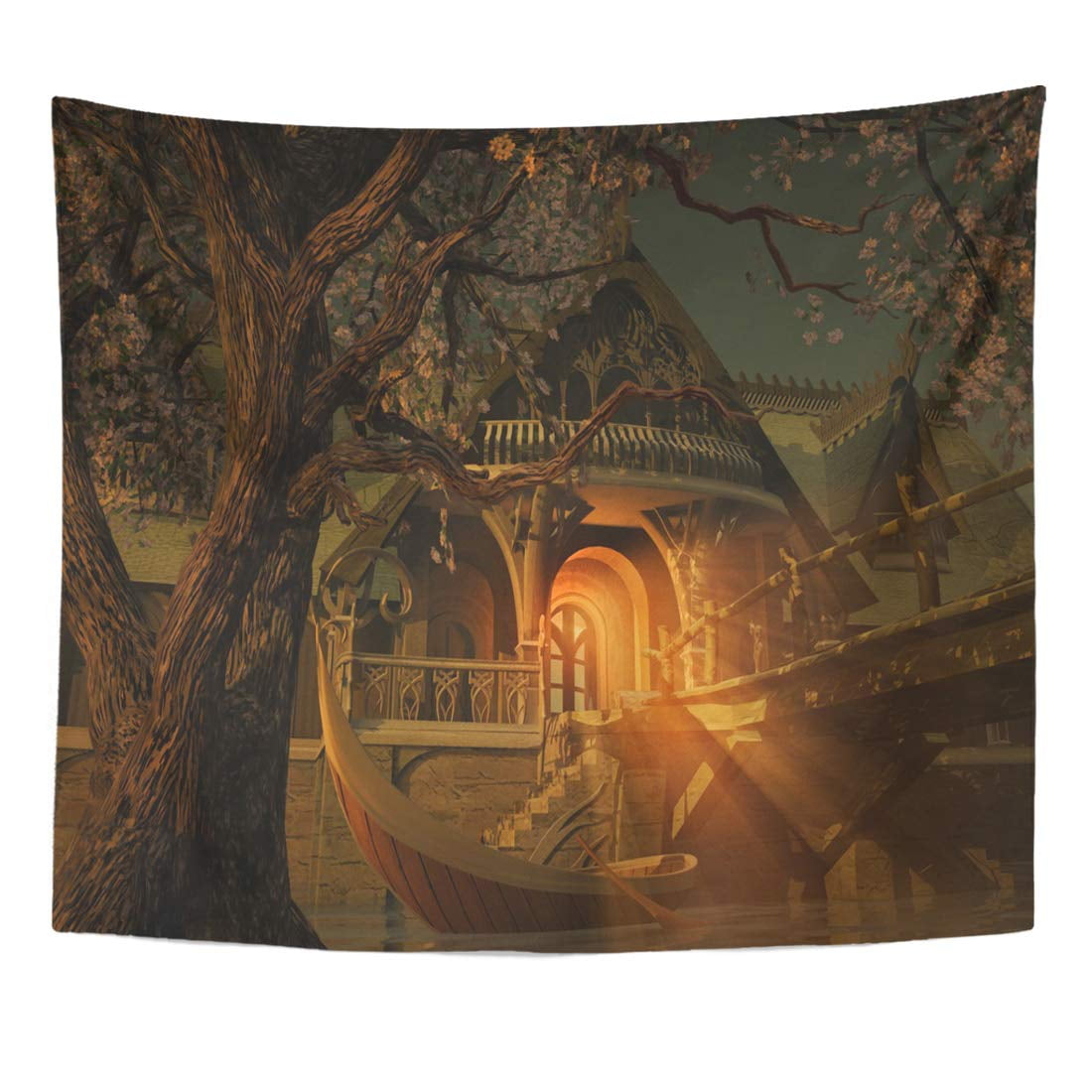 UFAEZU Elven Elf Scene Elvenhouse Wooden Bridge and Elvenboat House ...