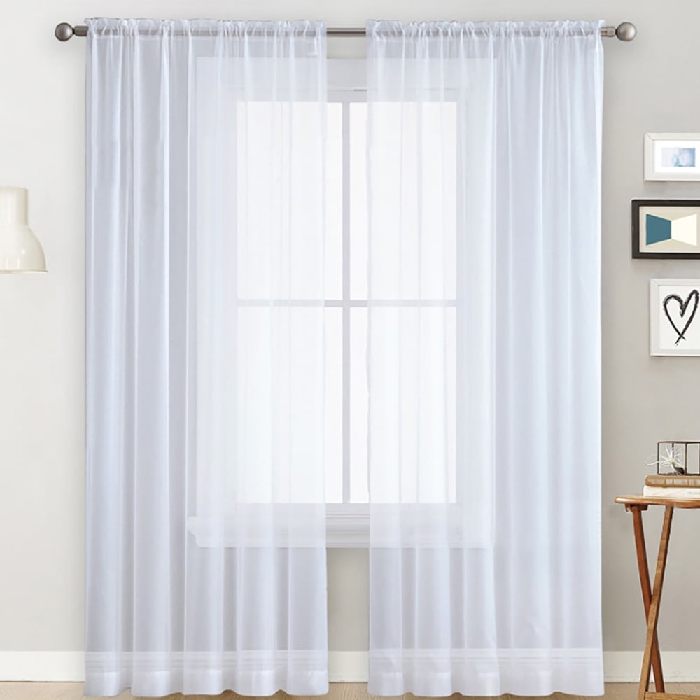 CUH Curtains Rod Pocket Sheer Voile 2 Panels Solid White Window Curtain ...