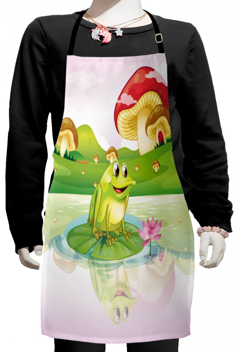 Animal Kids Apron, Illustration of Frog on Water Lily with Mushrooms on ...