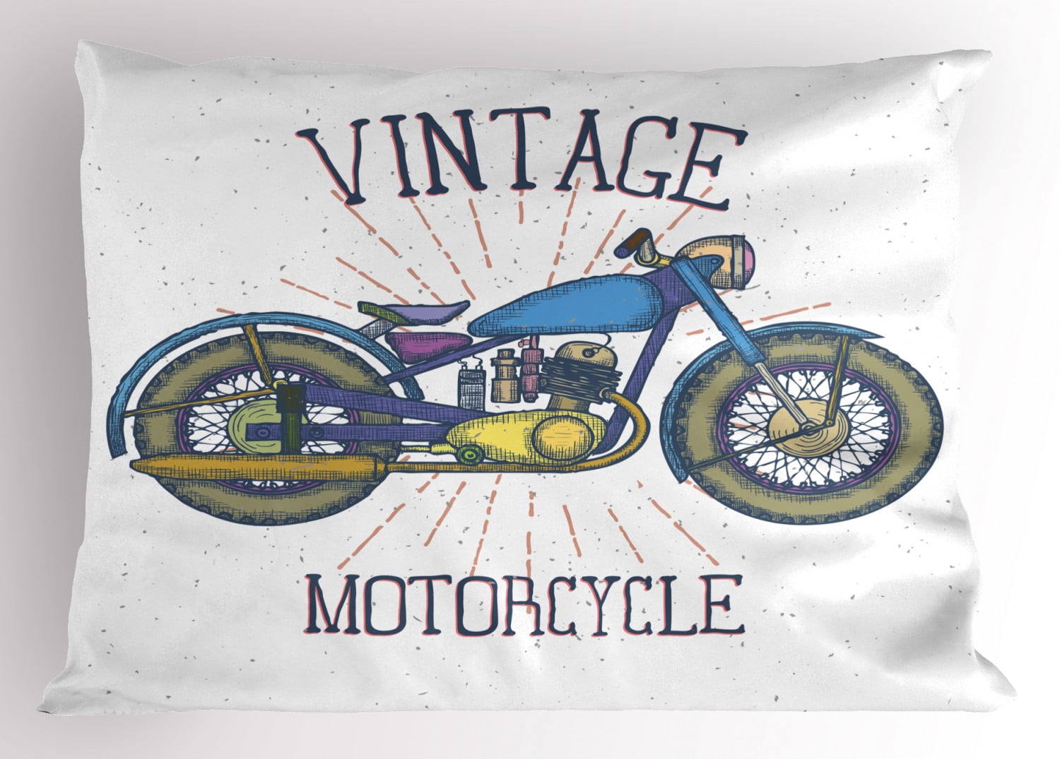 Motorcycle Pillow Sham, Colorful Vintage Bike with Starburst Dashed ...