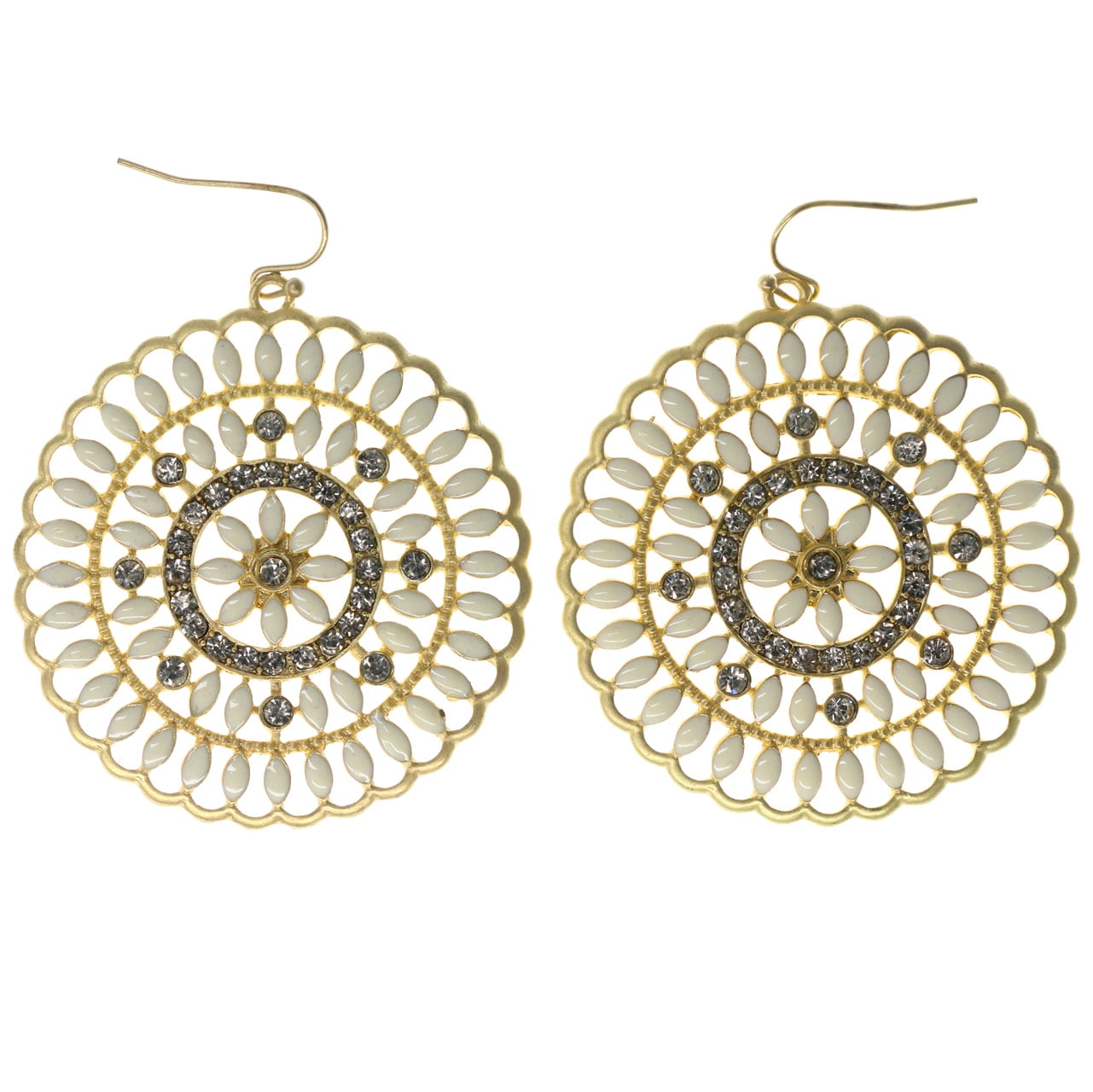 Gold-Tone Circle Shaped Dangle Earrings White Ornate Design & Crystal ...