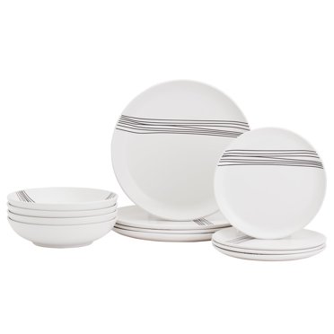 Tabletops Gallery 12 Piece Skye White Stripe Stoneware Dinnerware Set ...